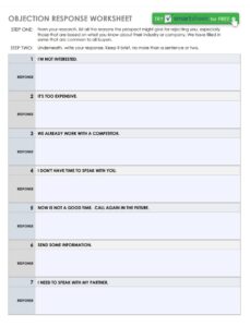 Objection Response Sheet Template | Free Sheet Templates