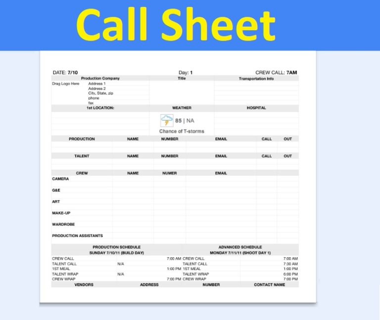 callsheettemplate | Free Sheet Templates